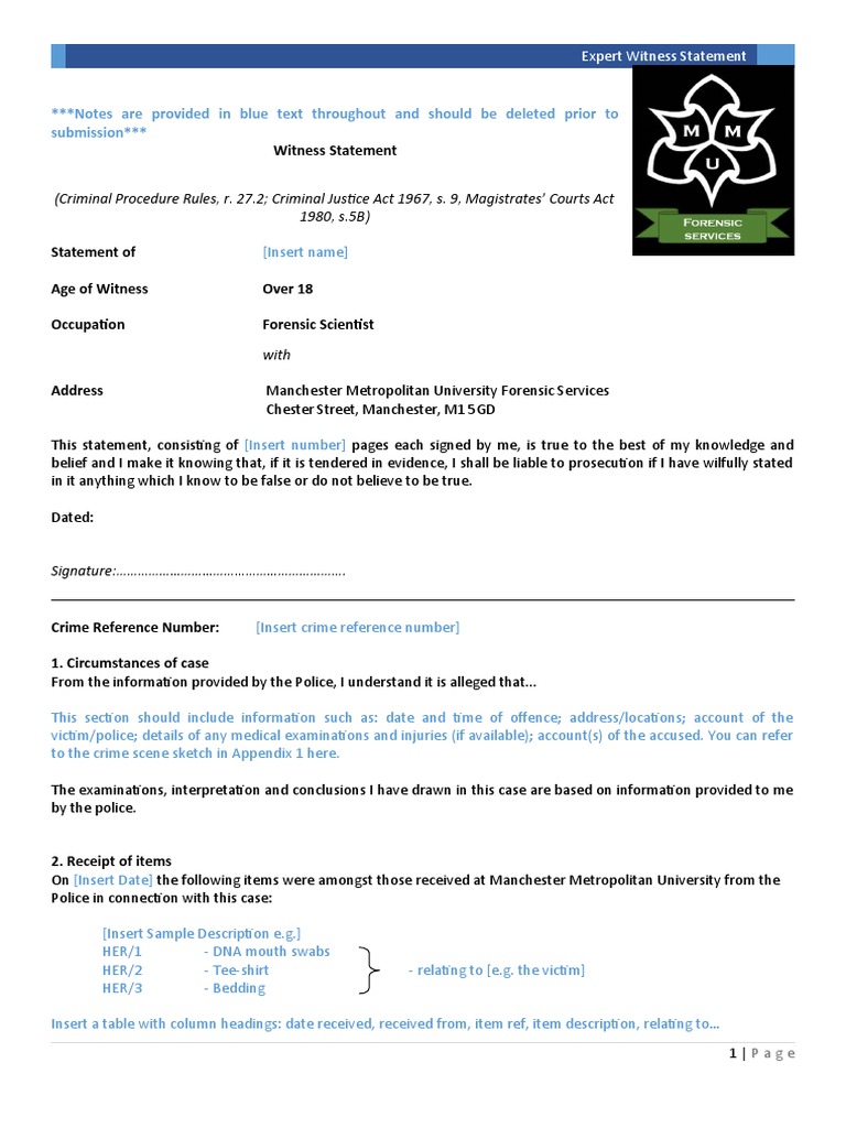 Forensic Expert Witness Statement Template | PDF | Dna Profiling | Witness