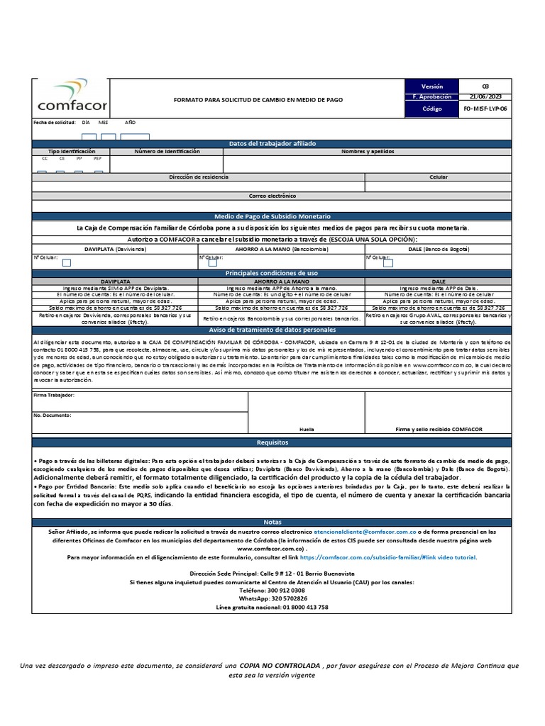 FO-MISF-LYP-06 Formato para Solicitud de Cambio en Medio de Pago - V3 ...