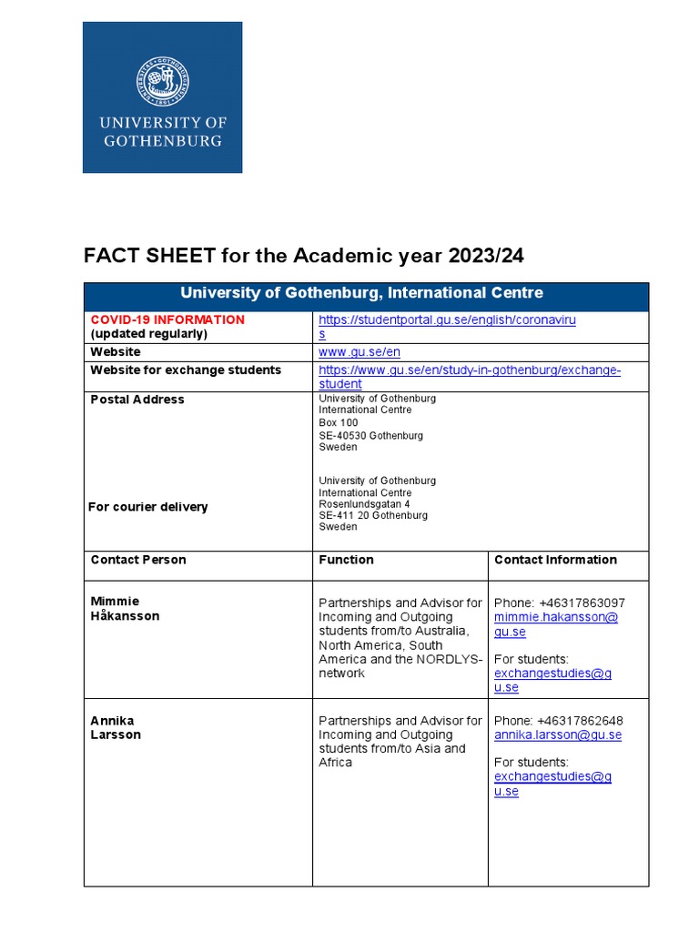 FACT SHEET - University of Gothenburg - 2023-2024 | Download Free PDF ...