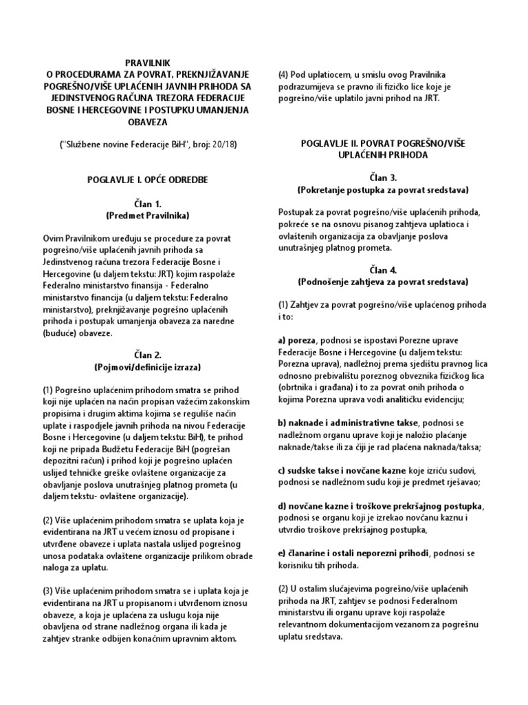 Pravilnik o Procedurama Za Povrat - Preknjižavanje Fbih | PDF