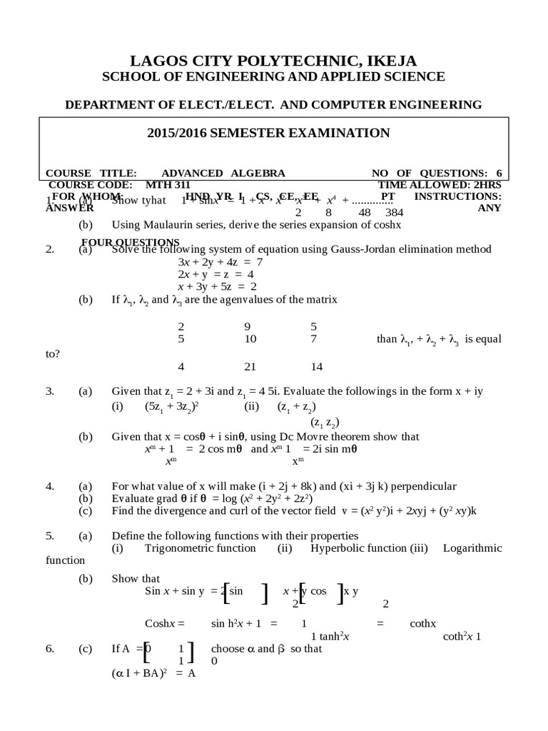 Advanced Algebra Exam MTH 311 | PDF