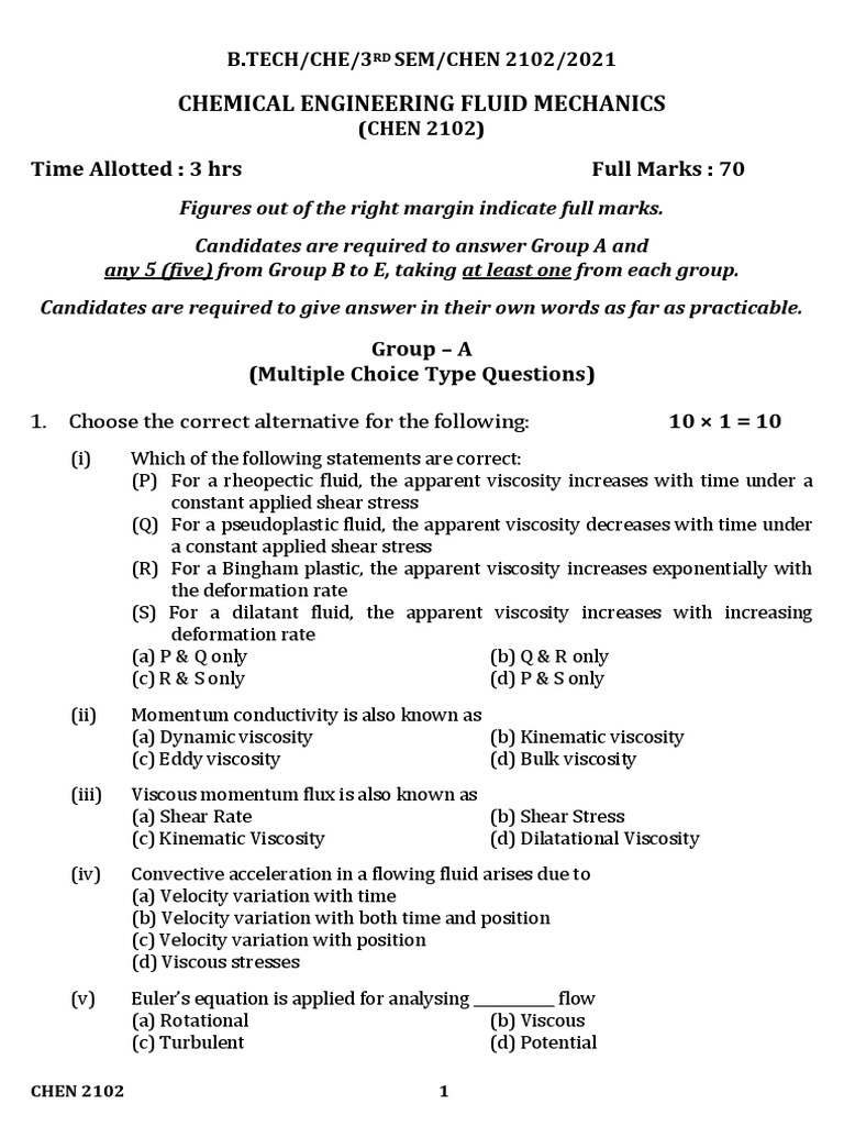 CHEN 2102 Chemical Engineering Fluid Mechanics | PDF | Viscosity ...