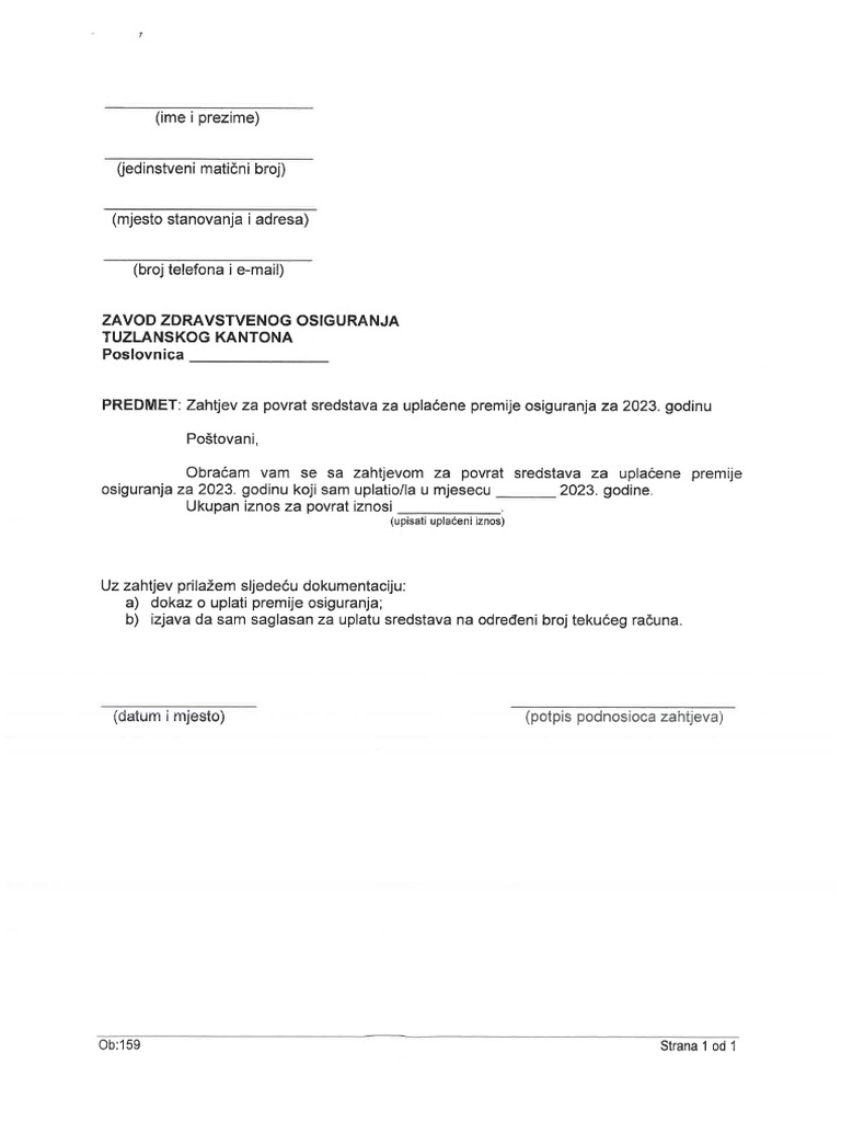 Zahtjev-Za-Povrat-Sredstava-Za-Premiju-Osiguranja PRAZAN | PDF