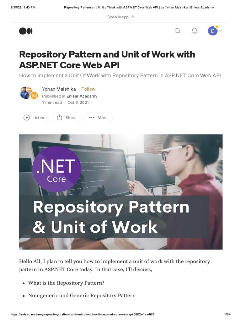 Repository Pattern and Unit of Work With ASP - NET Core Web API - by Yohan Malshika - Enlear ...