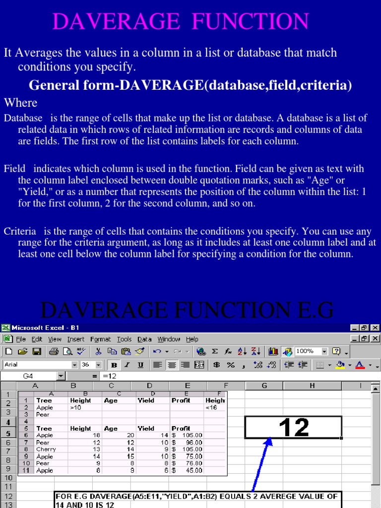 Daverage Function: General form-DAVERAGE (Database, Field, Criteria ...