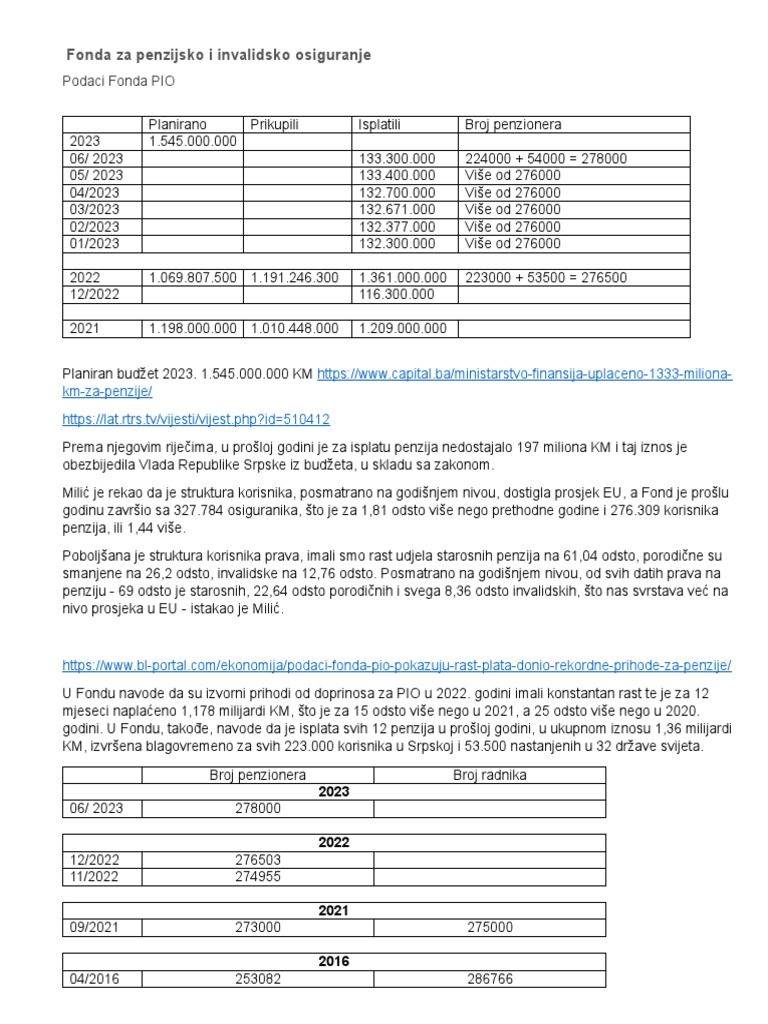 Fonda Za Penzijsko I Invalidsko Osiguranje | PDF