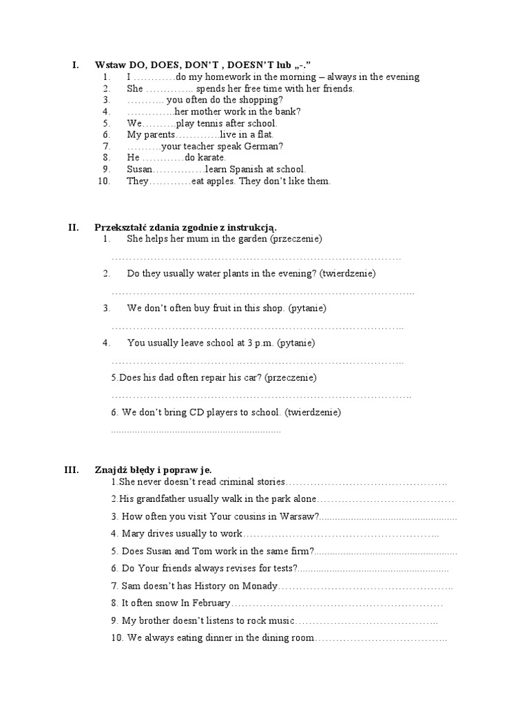 Present Simple Ćwiczenia | PDF