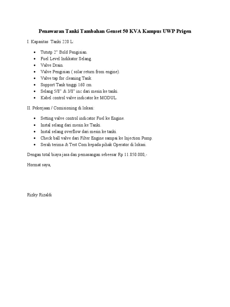 Penawaran Tanki Tambahan Genset 50 KVA Kampus UWP Prigen | PDF | Bisnis
