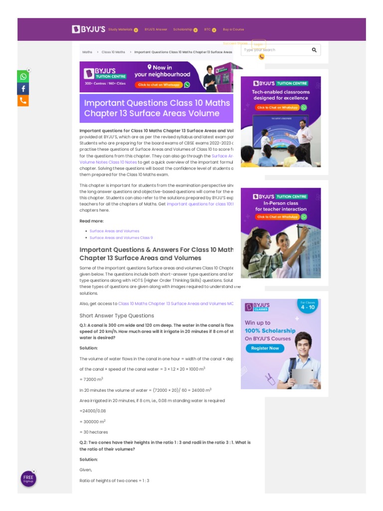 Byjus Com Maths Important Questions Class 10 Maths Chapter 13 Surface Areas Volume | PDF