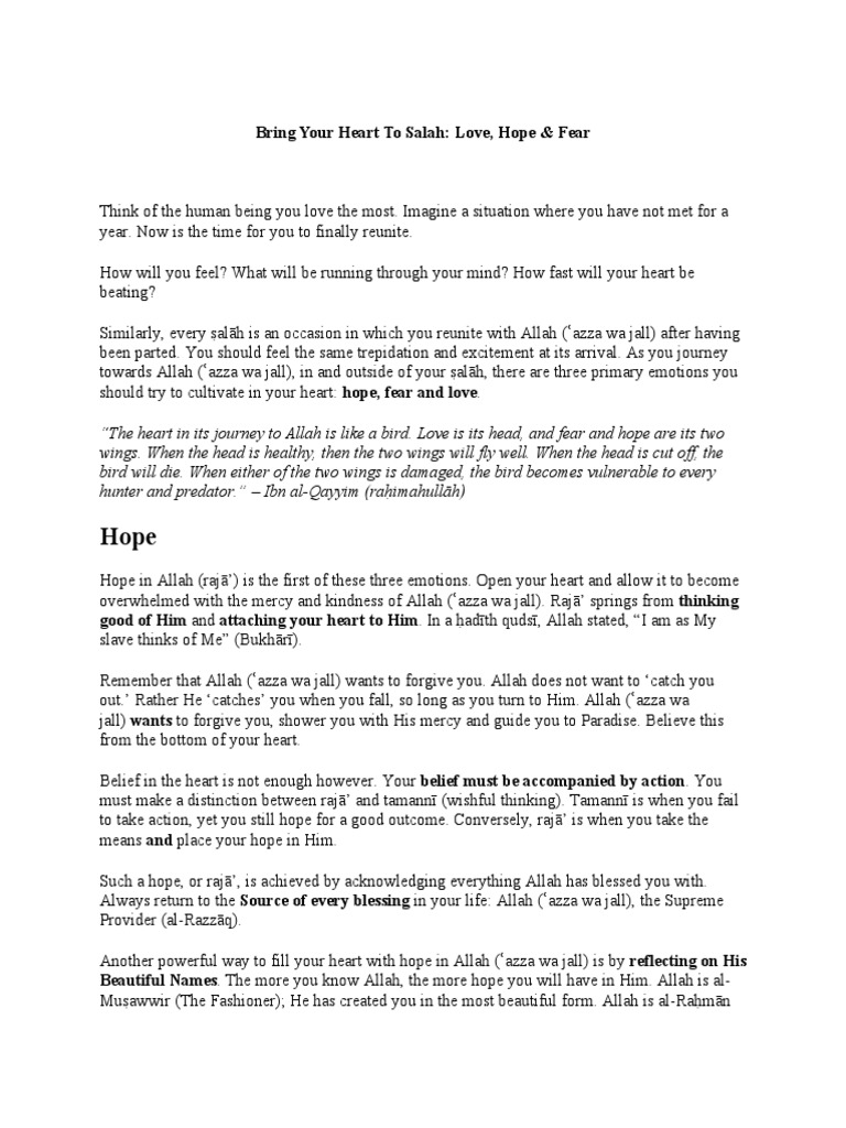 Emotions in Salah: Love, Hope, Fear | PDF