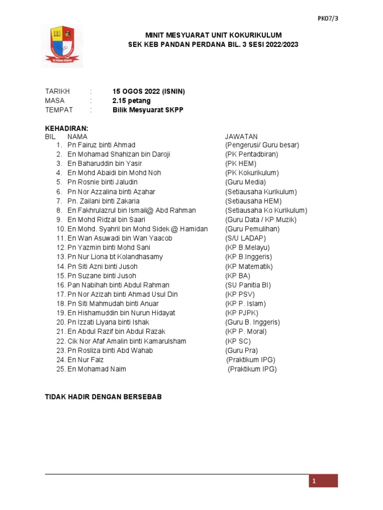 Minit Mesyuarat Kokurikulum Bil 3 Sesi 2022-2023 | PDF