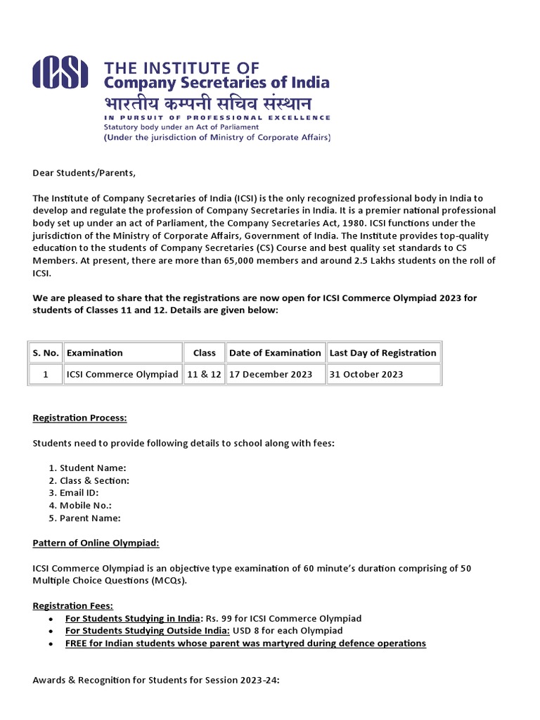 ICSI Circular-Registration by School | PDF | Computing