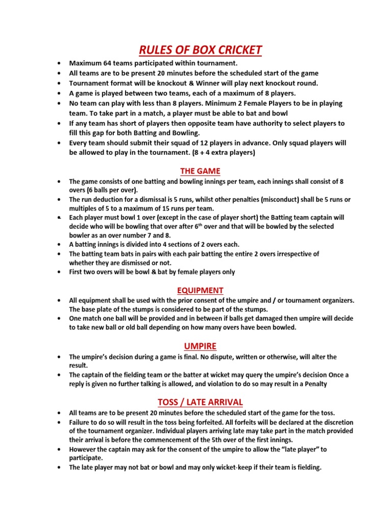 Box Cricket Tournament Rules | PDF | Bowling (Cricket) | Cricket Skills