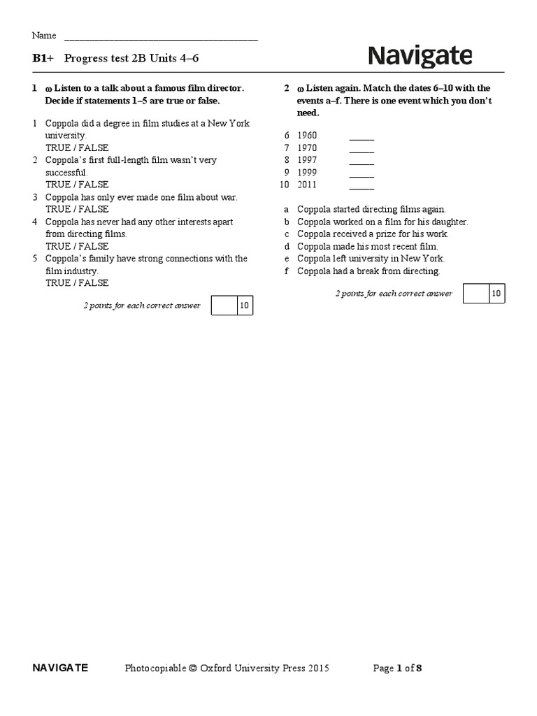 Navigate B1+ Progress Test 2B (Units 4-6) | PDF | Science & Mathematics