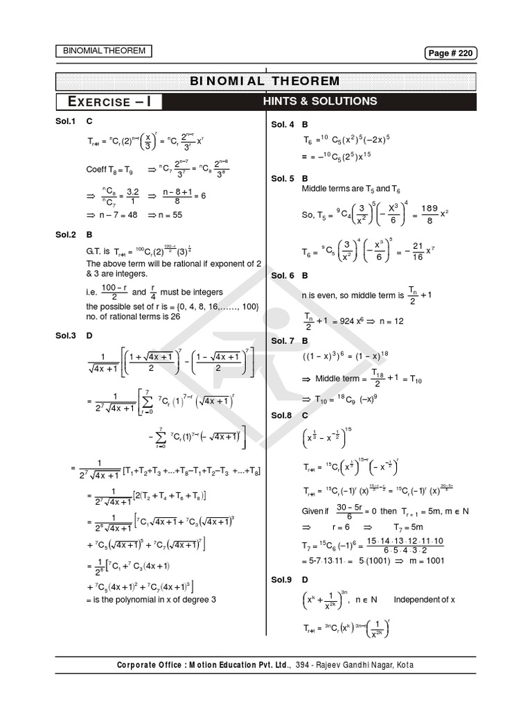 BinomialTheorem-Solution JEE @motion Lectures | PDF