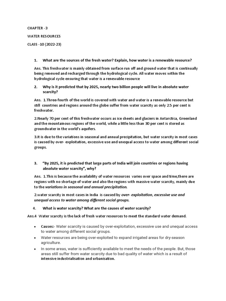 Water Resources: Class 10 Overview | PDF | Water Scarcity | Fresh Water