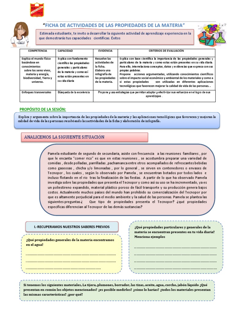 Hoja De Trabajo Sobre Las Propiedades De La Materia, Tercer Grado Guia