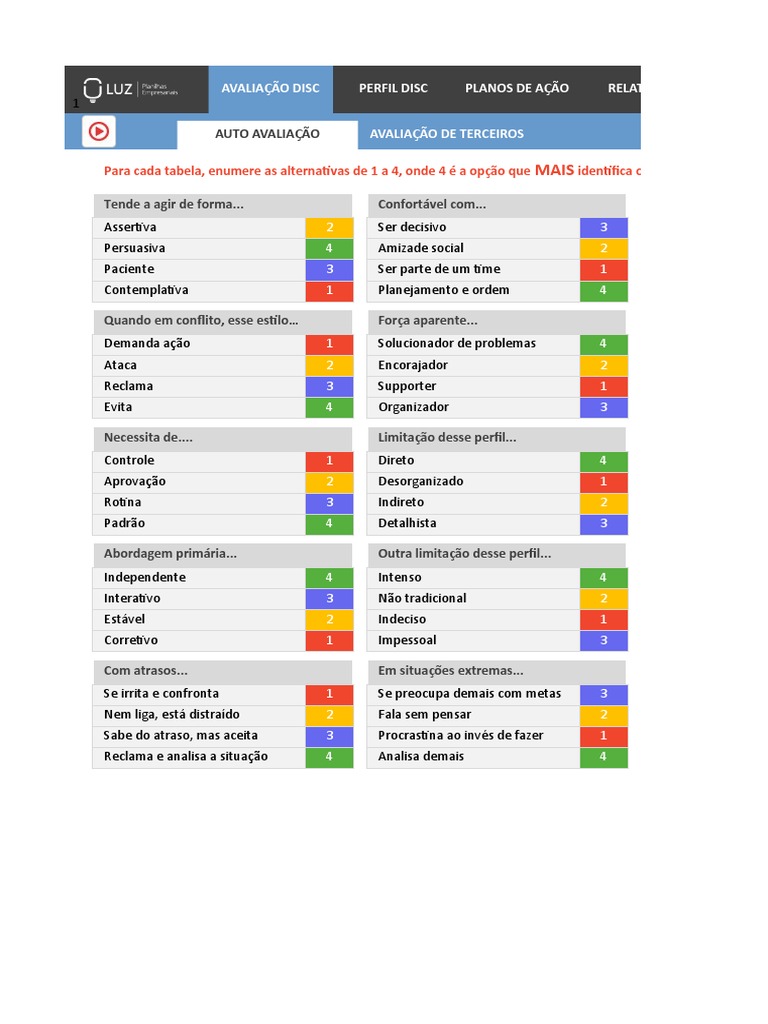 Planilha de Teste de Perfil DISC - Denise | PDF Planilha de Teste de Perfil DISC - Denise | PDF