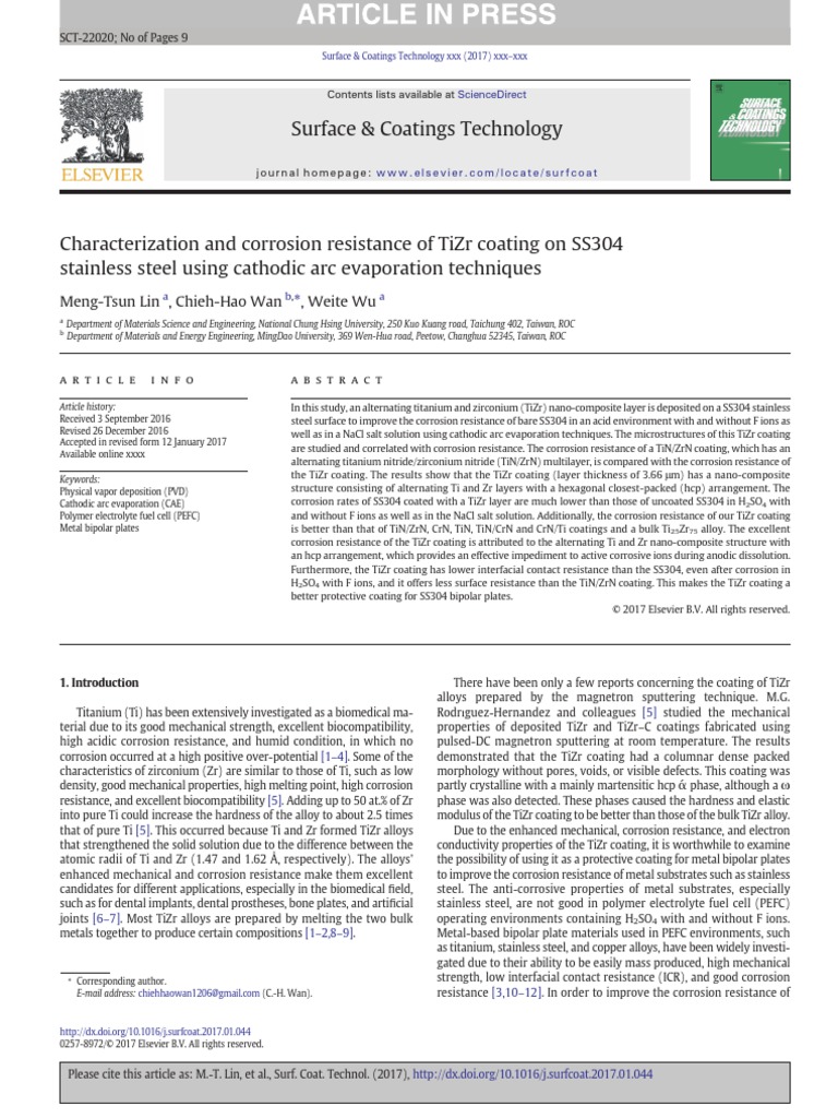Characterization and Corrosion Resistance of TiZr Coating On SS304 ...