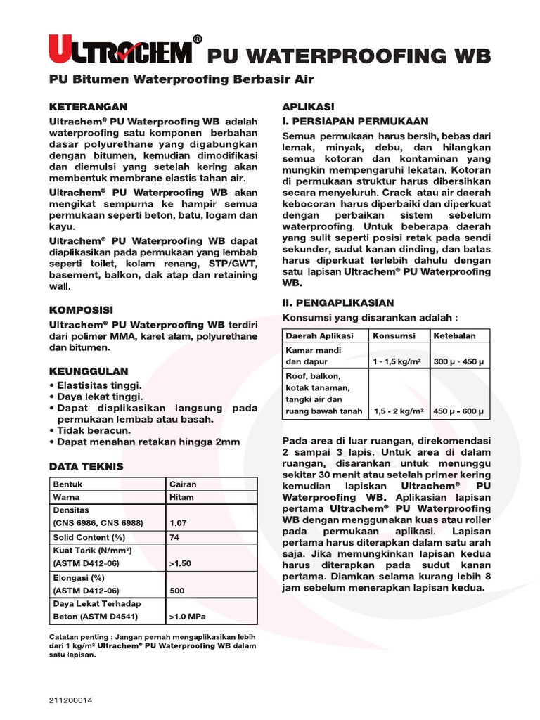 Ultrachem Pu Waterproofing Wb (14 Des 2021)_p | PDF