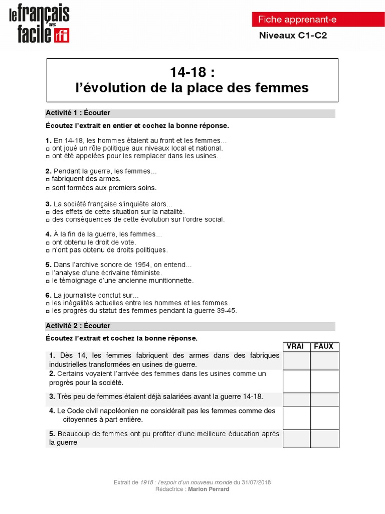 Rfi c1 14 18 Evolution de La Place Des Femmes Apprenant | PDF