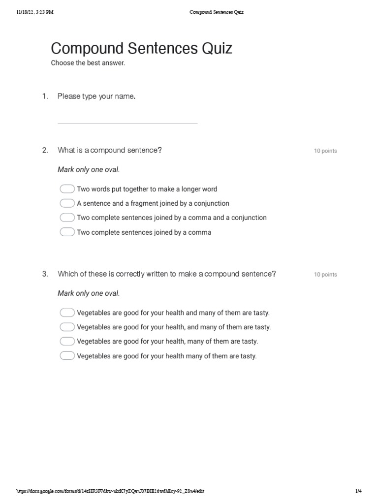 Compound Sentences Quiz by Word Wild - Google Forms | PDF