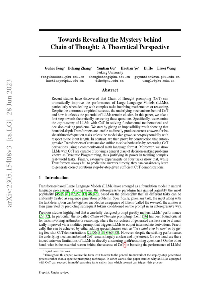Towards Revealing The Mystery Behind Chain Of Thought A Theoretical Perspective Pdf Dynamic 