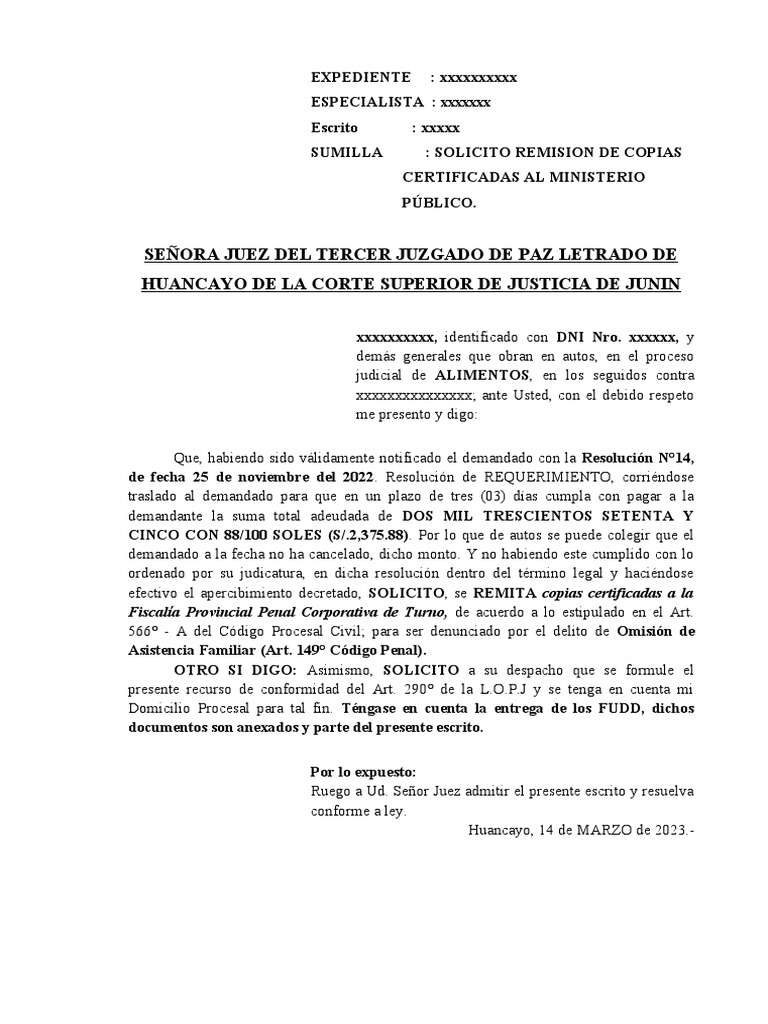 ESCRITO DE: REMITIR COPIAS AL MINISTERIO PUBLICO | PDF
