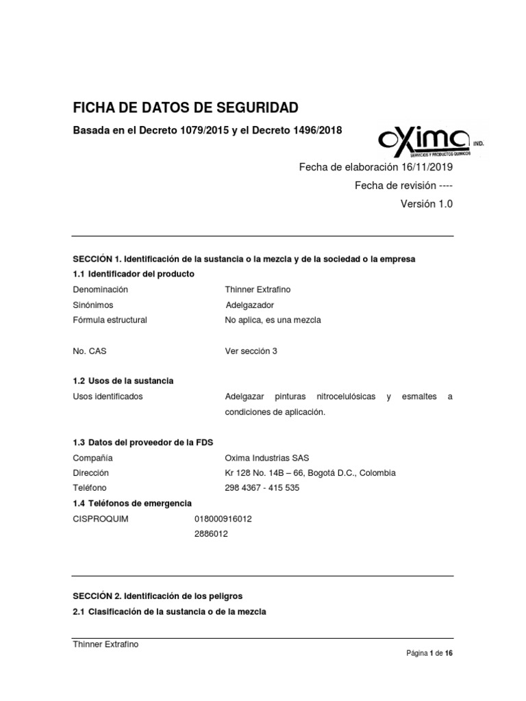 Ficha de Datos de Seguridad Thinner Cte 15 Sga | PDF