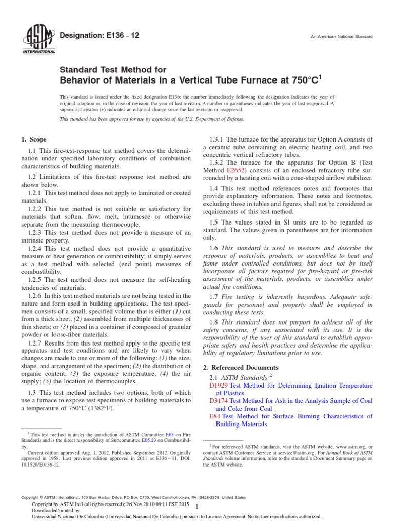 ASTM E136 - Behavior of Materials in A Vertical Tube Furnace at 750 | PDF
