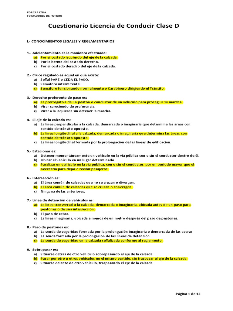 10.1. Pauta Módulo I Cuestionario Licencia de Conducir Clase D | PDF ...