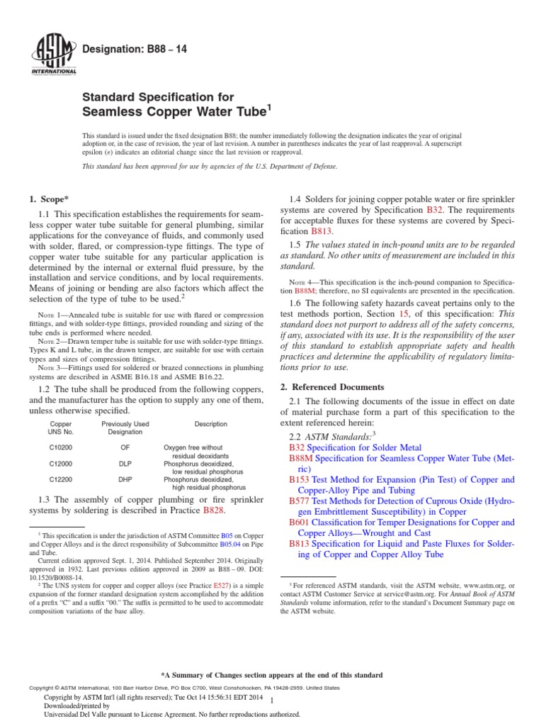 ASTM B88-14 Seamless Copper Water Tube | PDF