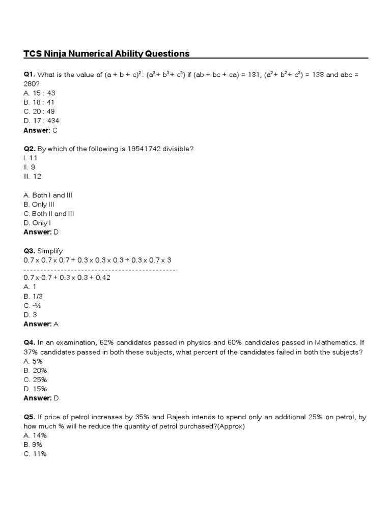 TCS Ninja Numerical & Verbal Ability Questions | PDF