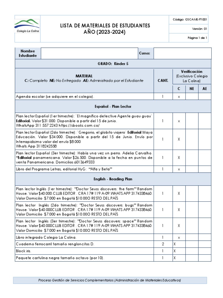 2023-2024 - KÍNDER 5 Lista de Útiles Escolares | PDF