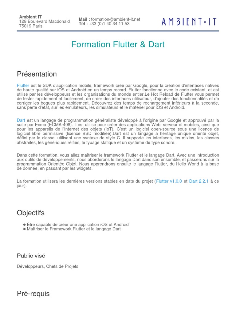 Annexe 1 Fiche Descriptive Formation Flutter Dart | PDF | Ordinateurs