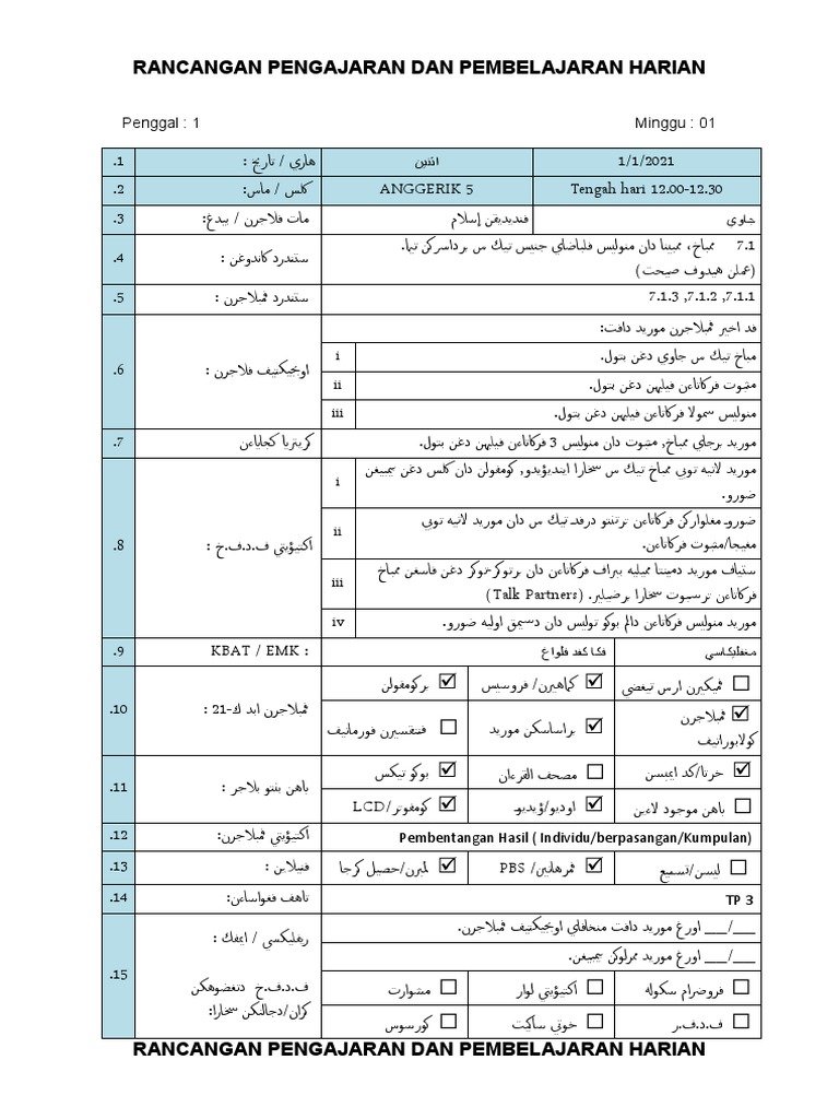 RPH Pak21 Minggu 1-38 (Jawi) THN 5 | PDF
