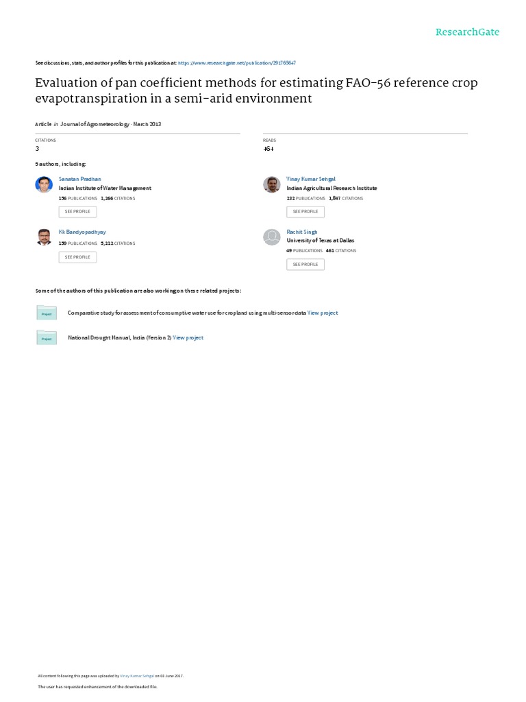 Evaluation of Pan Coefficient Methods For Estimating FAO-56 Reference Crop Evapotranspiration in ...