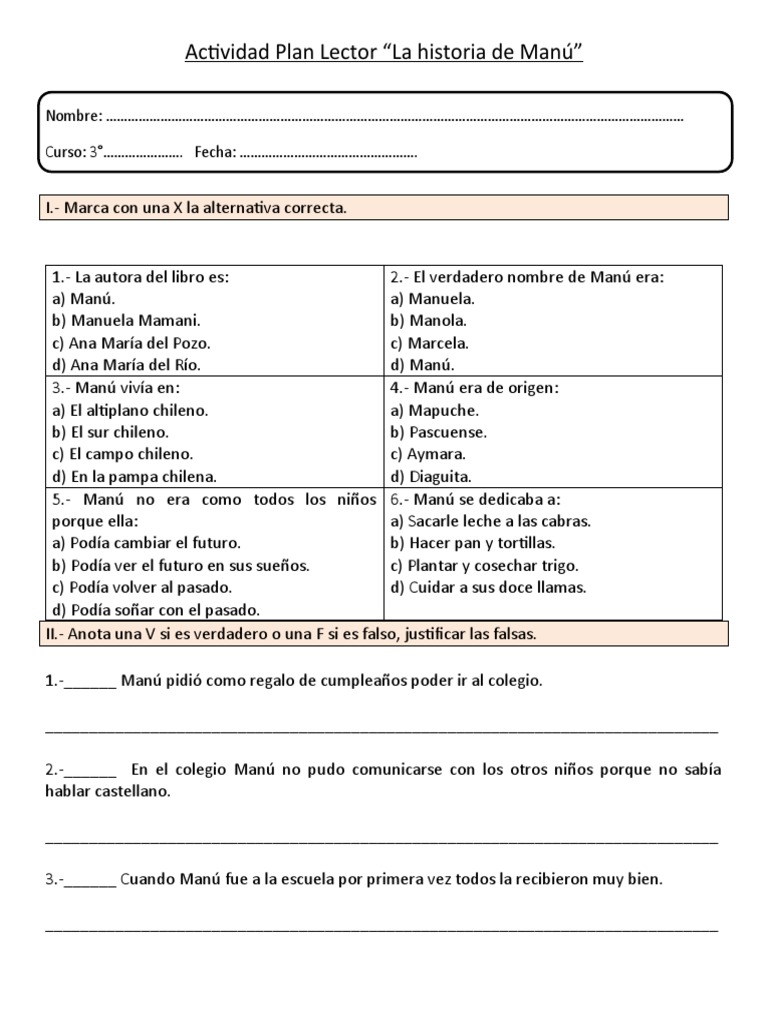 ACTIVIDAD 3° LA HISTORIA DE MANÚ | PDF