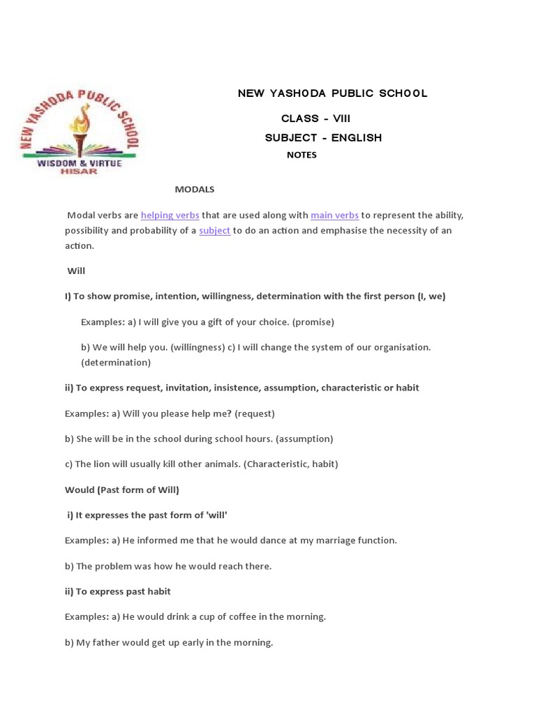 Modals Notes for Class 8 English | PDF | Syntax | Grammar