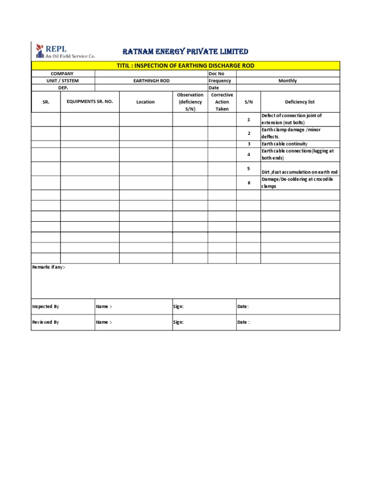 Earthing Rod Inspection Report | PDF | Electricity | Electrical Engineering