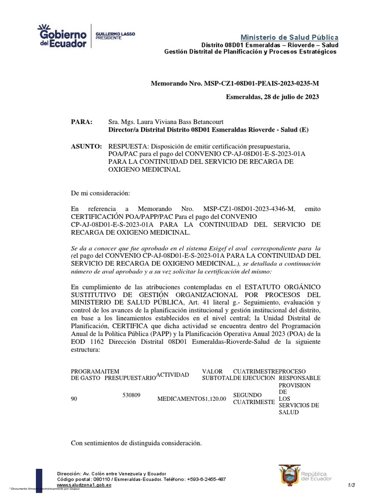 Memorando Nro. MSP-CZ1-08D01-PEAIS-2023-0235-M | PDF