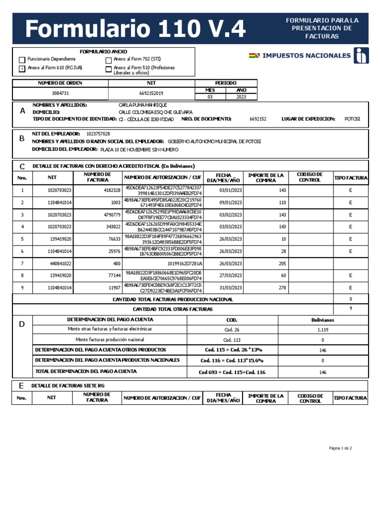 Formulario 110 V.4: Formulario para La Presentacion de Facturas | PDF | Autenticación | Control ...