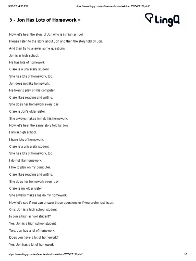 V. John Has Lots of Homework | PDF