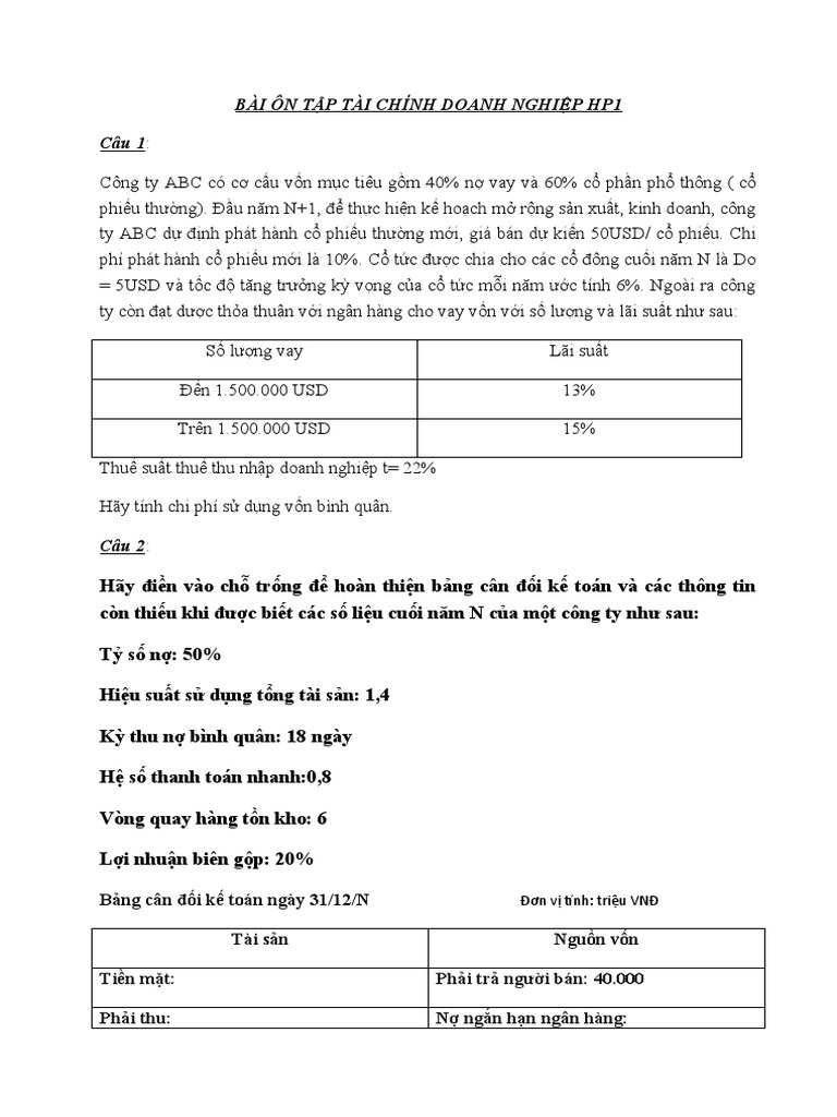BÀI ÔN TẬP TÀI CHÍNH DOANH NGHIỆP HP1 1 - 2 | PDF