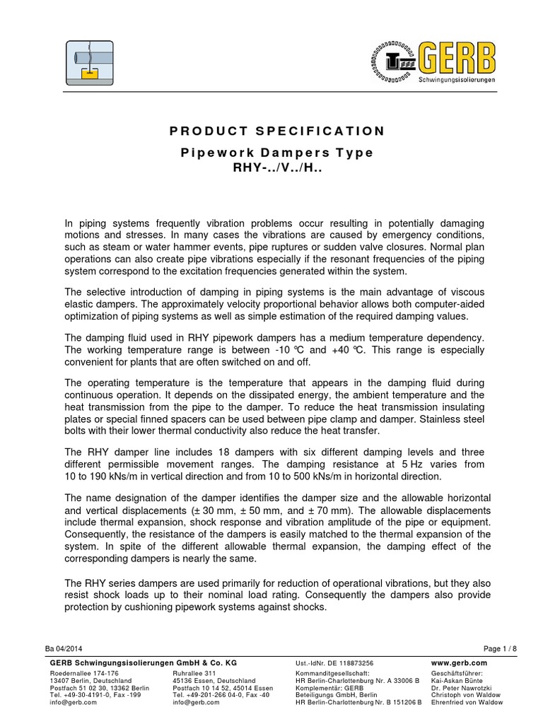 Gerb Rhy Pipework Dampers Product Specification Pdf Damping