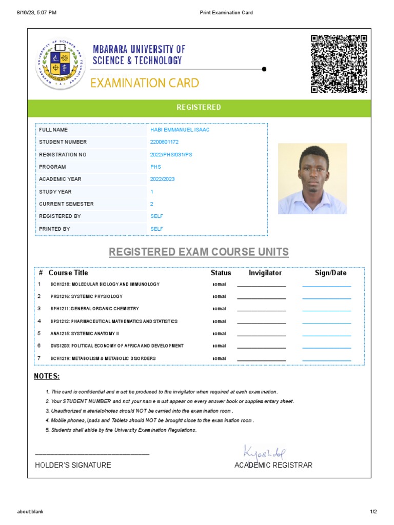 Print Examination Card | PDF