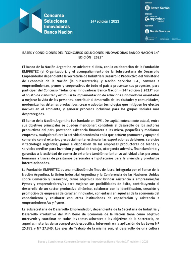 Bases y Condiciones Concurso Soluciones Innovadoras Bna 2023 | PDF ... Bases y Condiciones Concurso Soluciones Innovadoras Bna 2023 | PDF ...