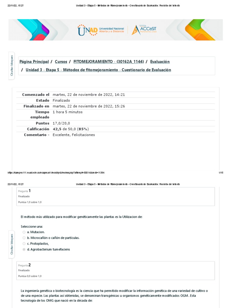 Unidad 3 - Etapa 5 - Métodos de Fitomejoramiento - Cuestionario de ...