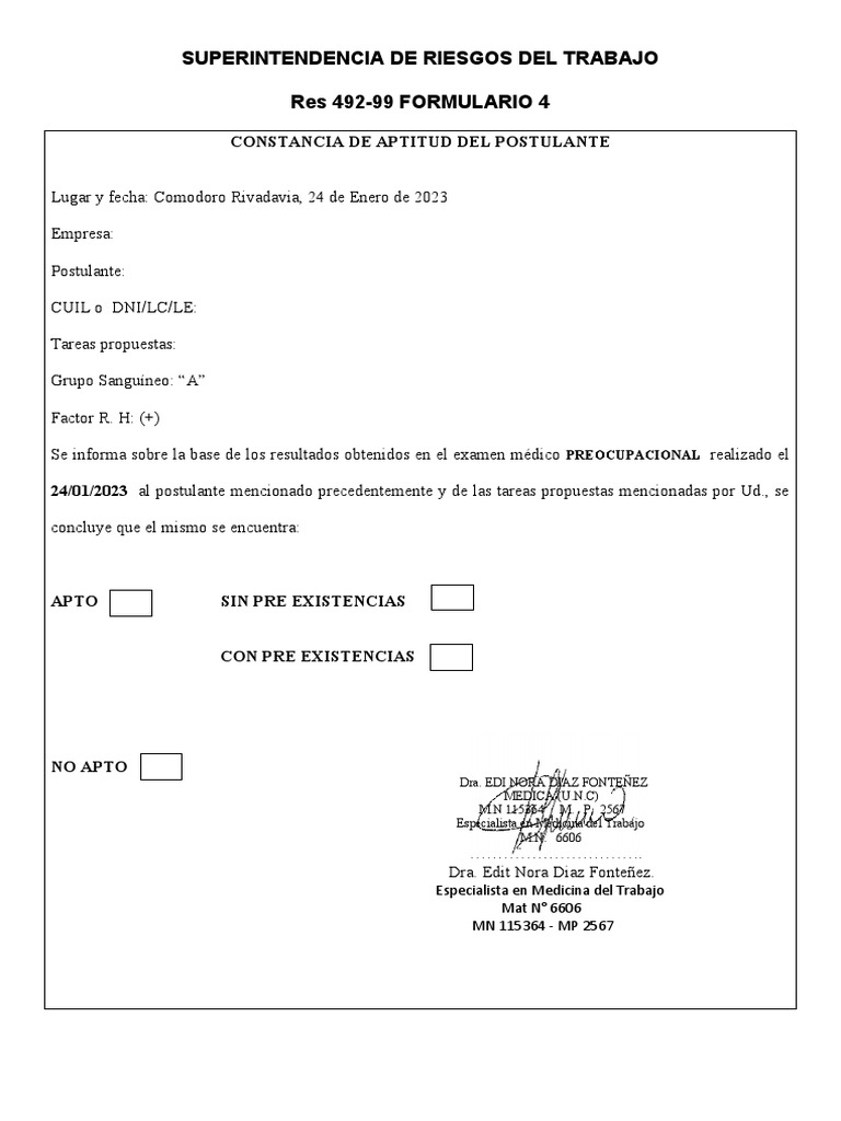 Formulario 4 - Res SRT 492 - 99 | PDF