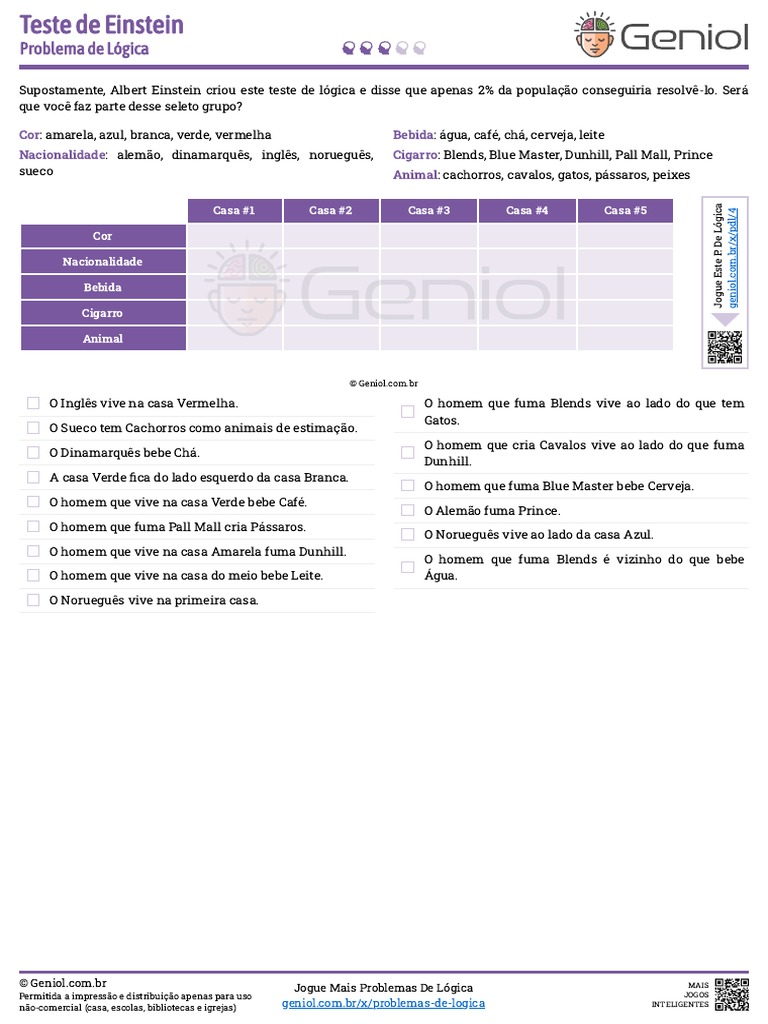 Desafio de Lógica de Einstein: Você Consegue? | PDF
